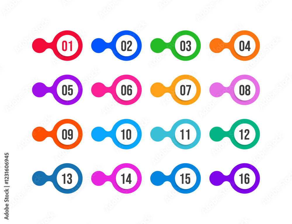 Vector de Stock Colorful number bullet point 1 to 16 vector set. Color tags, icons and buttons ...