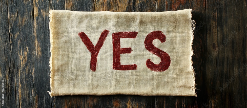Handwritten affirmation word YES in bold red letters on a textured ...