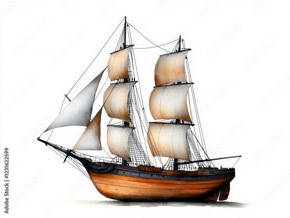 A detailed illustration of a classic sailing ship, featuring impressive ...