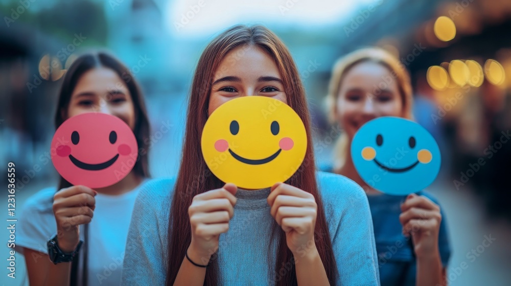 People holding smiley face paper cutouts, smiling emojis, bright color ...