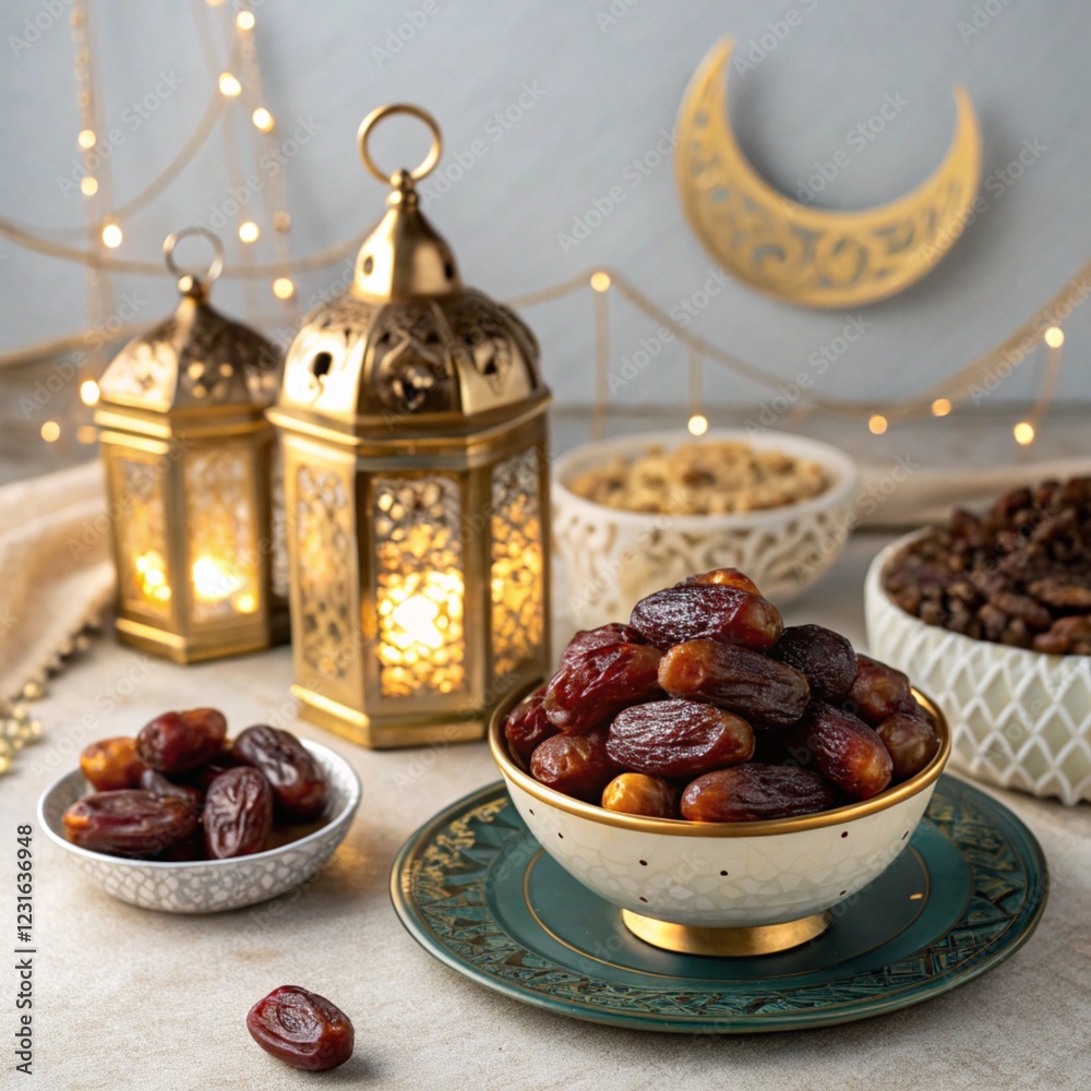 Dried dates in dark gray bowl. Dates healthy food. Ramadan Muslim ...