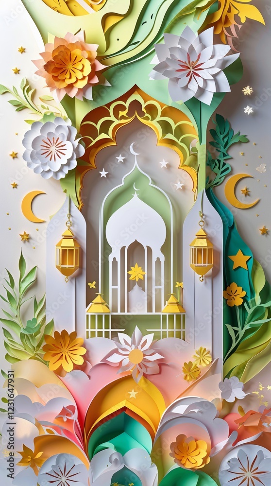 3D papercut style. colorful pastel color. Eid and ramadan kareem design ...