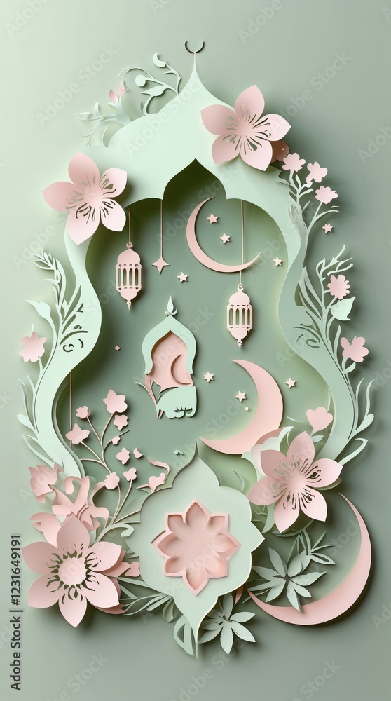 3D papercut style. colorful pastel color. Eid and ramadan kareem design ...