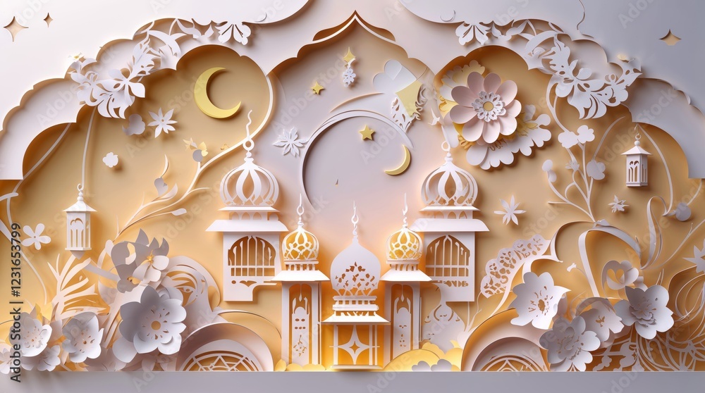 3D papercut style. colorful pastel color. Eid and ramadan kareem design ...