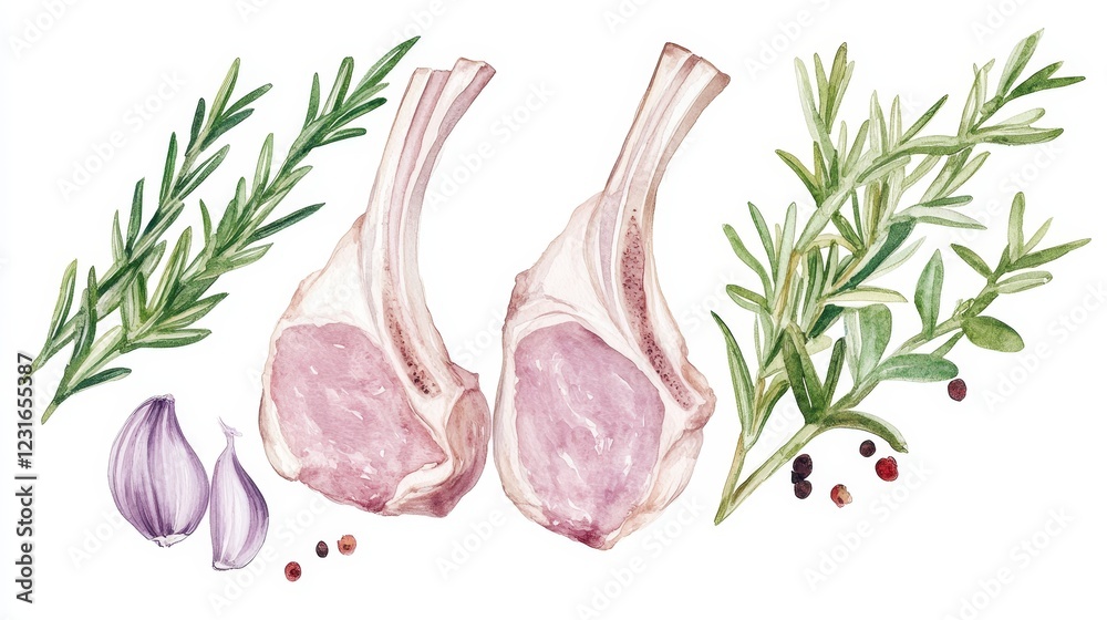 Watercolor Lamb Chops with Rosemary and Garlic, Food Illustration ...