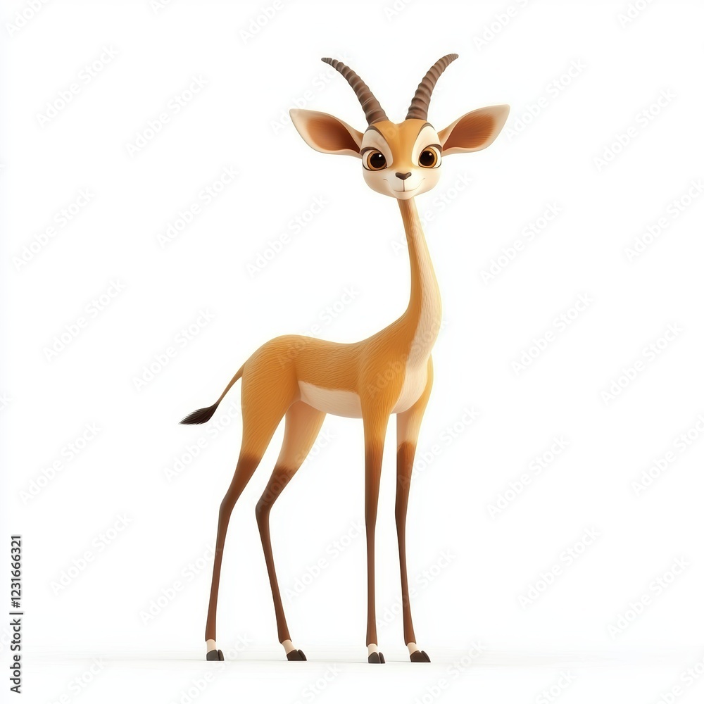 Gerenuk, an antelope with an elongated neck standing on its hind legs, placed on a bright white ...