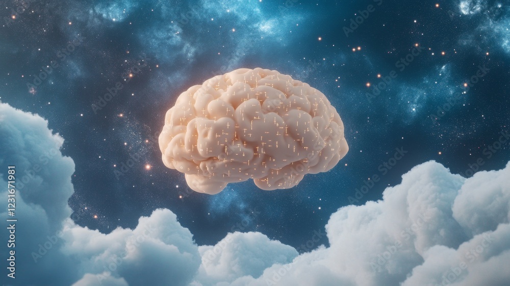 Human Brain Illuminated Floating Above Clouds Night Sky Conceptual ...