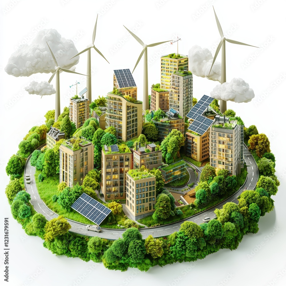 Lush green city powered by renewable energy with wind turbines and ...