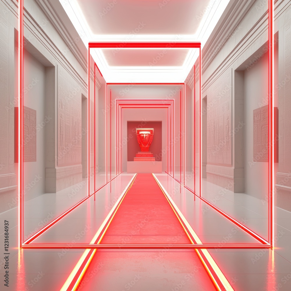 Museum room filled with red lasers guarding a precious artifact, placed ...