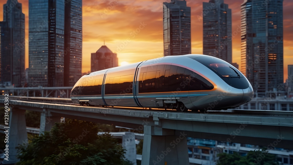 A futuristic maglev train speeding along an elevated track, with a blur ...