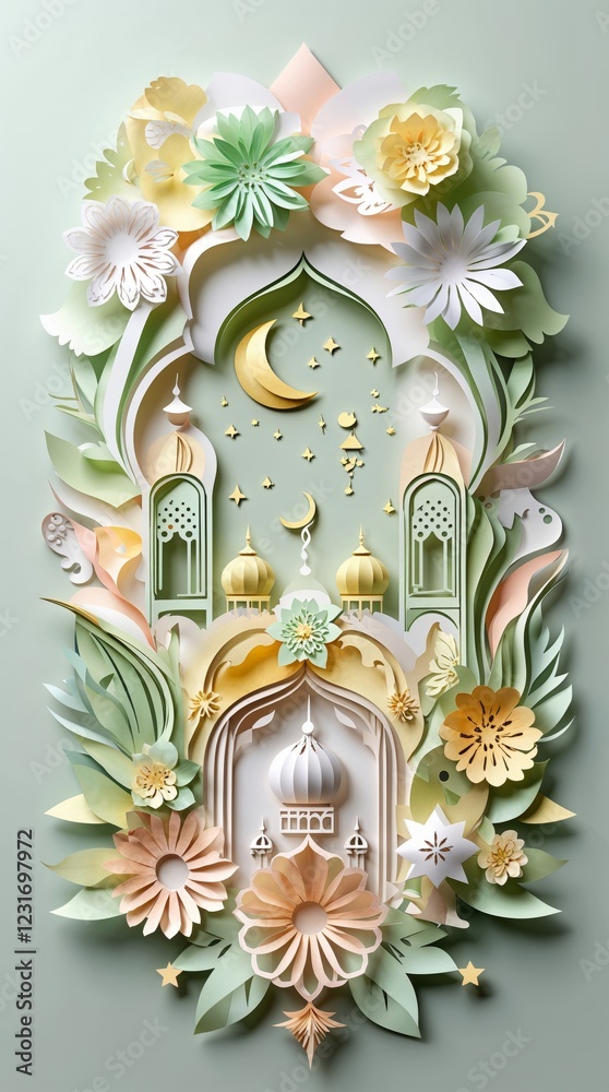 3D papercut style. colorful pastel color. Eid and ramadan kareem design ...