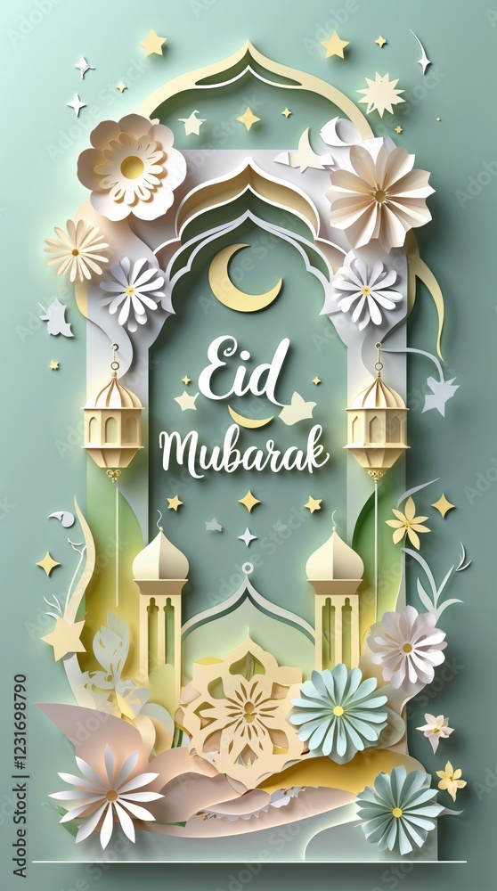 3D papercut style. colorful pastel color. Eid and ramadan kareem design ...