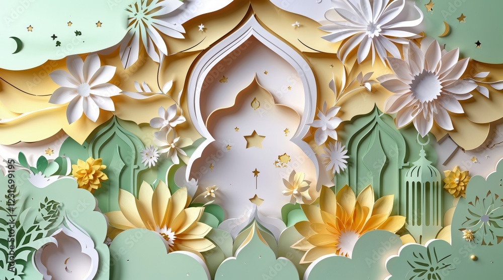 3D papercut style. colorful pastel color. Eid and ramadan kareem design ...