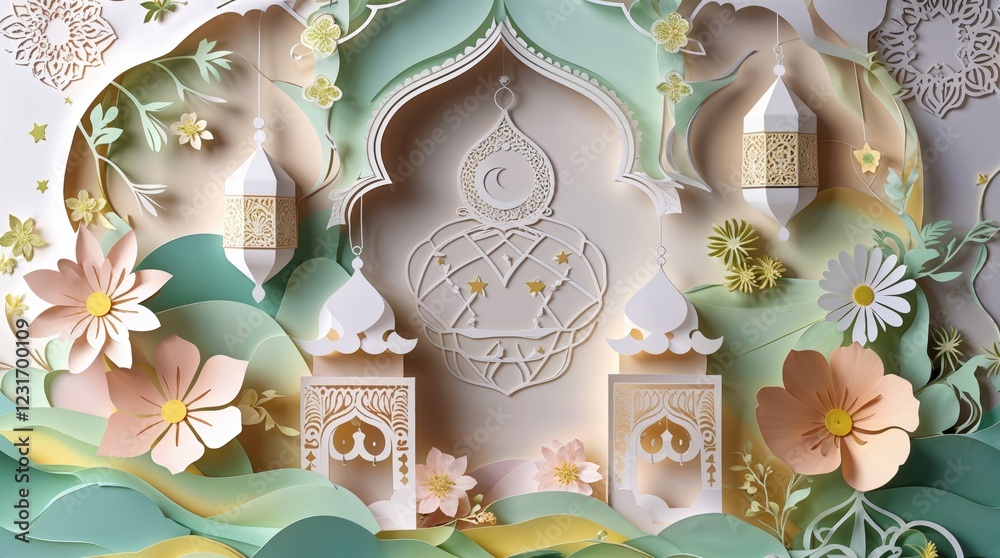 3D papercut style. colorful pastel color. Eid and ramadan kareem design ...