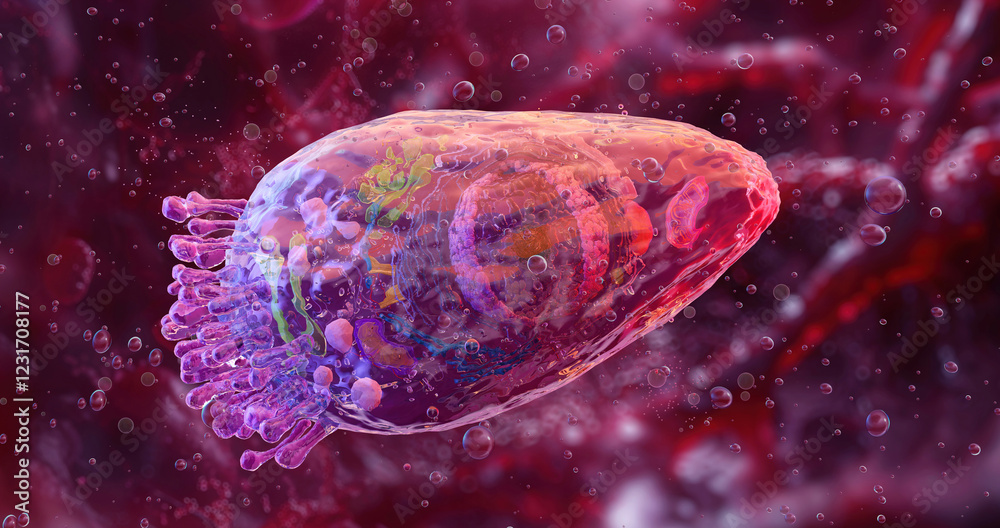 Mucous cell secreting mucin, a key component of mucus. Cell's nucleus ...