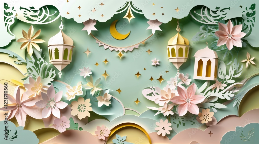 3D papercut style. colorful pastel color. Eid and ramadan kareem design ...