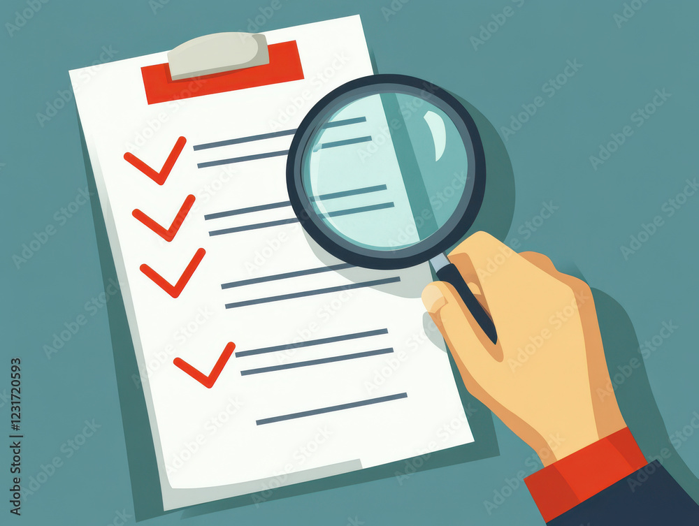 person inspecting checklist with magnifying glass, ensuring quality ...