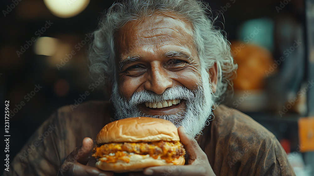 Happy old man enjoying burger in fast food setting, showcasing joy and ...
