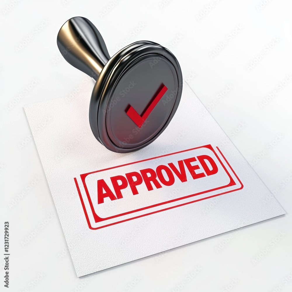 Rubber stamp pressing down on a paper, leaving a red APPROVED mark ...