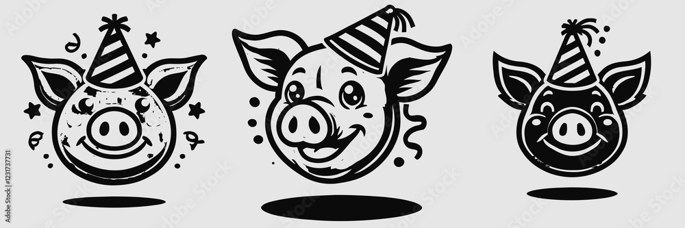 Three cartoon pigs wearing party hats, each with unique expressions ...