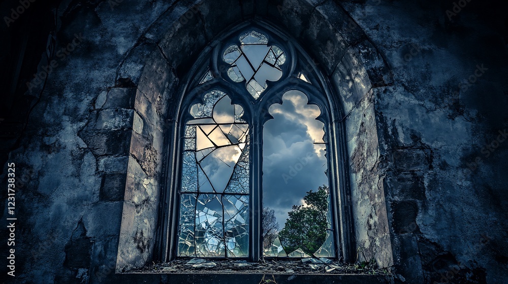 Broken gothic church window, stormy sky, ruin, decay, dramatic light ...