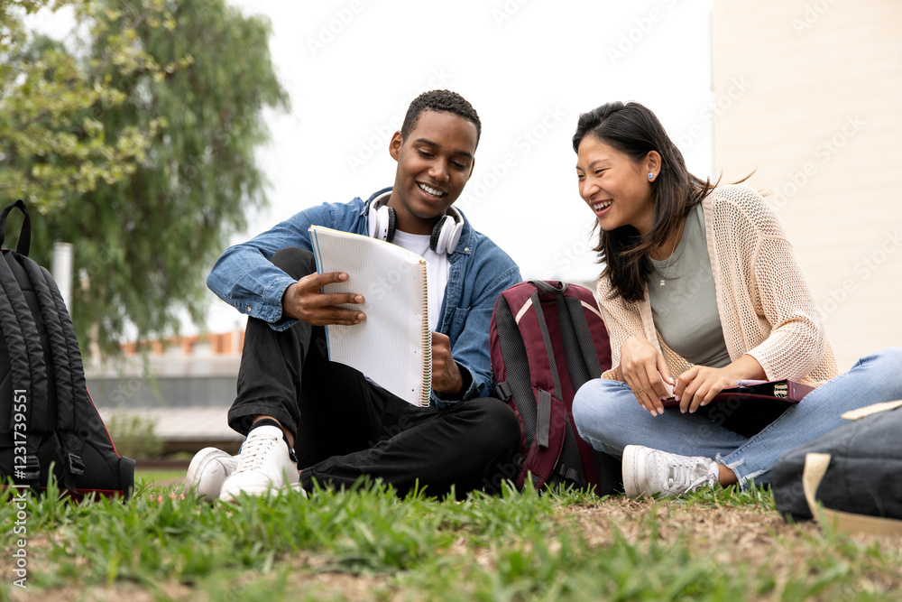Diverse couple of students sitting outside reading documents.Two young ...