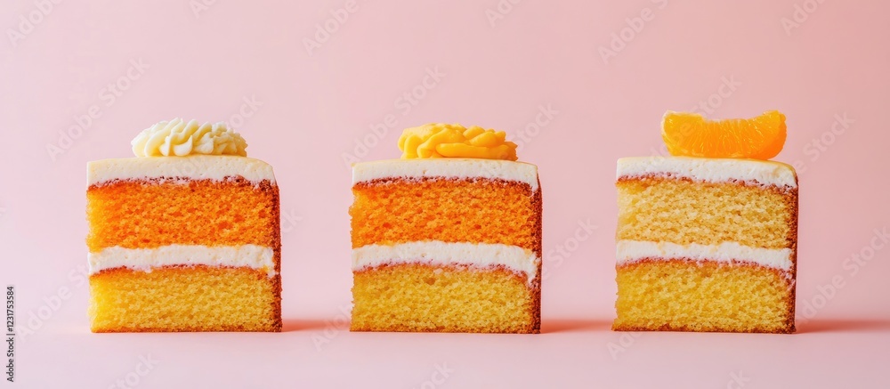 Three layers of vibrant orange cakes are arranged in a row on a soft ...