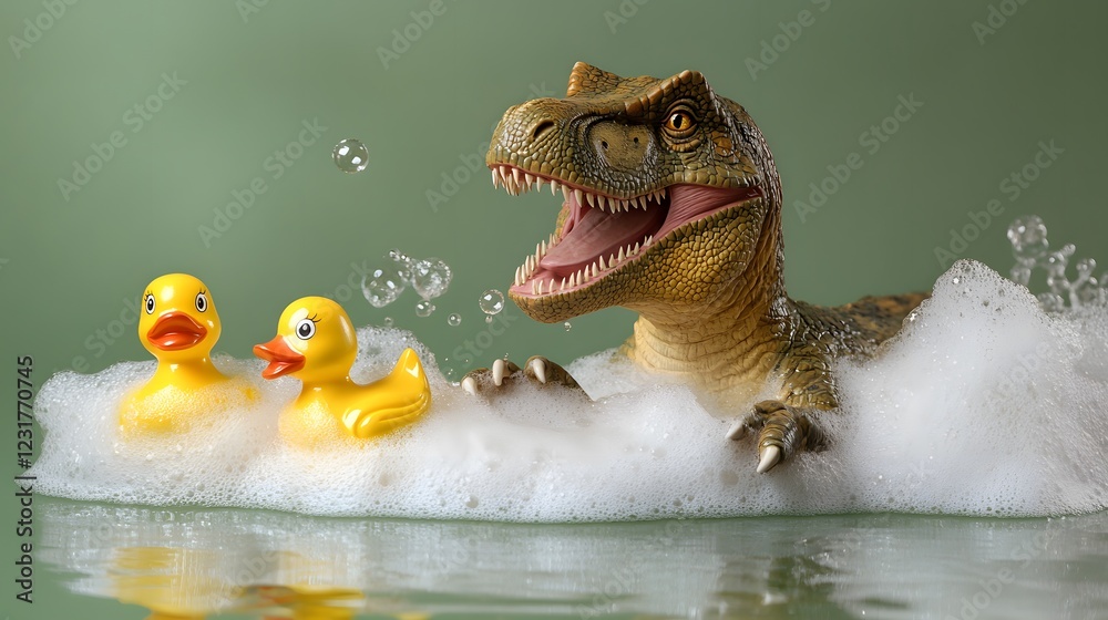 Fun and Playful Scene with Dinosaur and Rubber Ducks in Bubbles ...