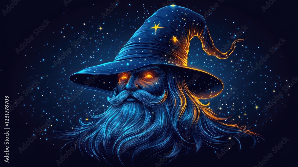 Minimalistic logo featuring a wizard hat with stars, evoking magic and ...