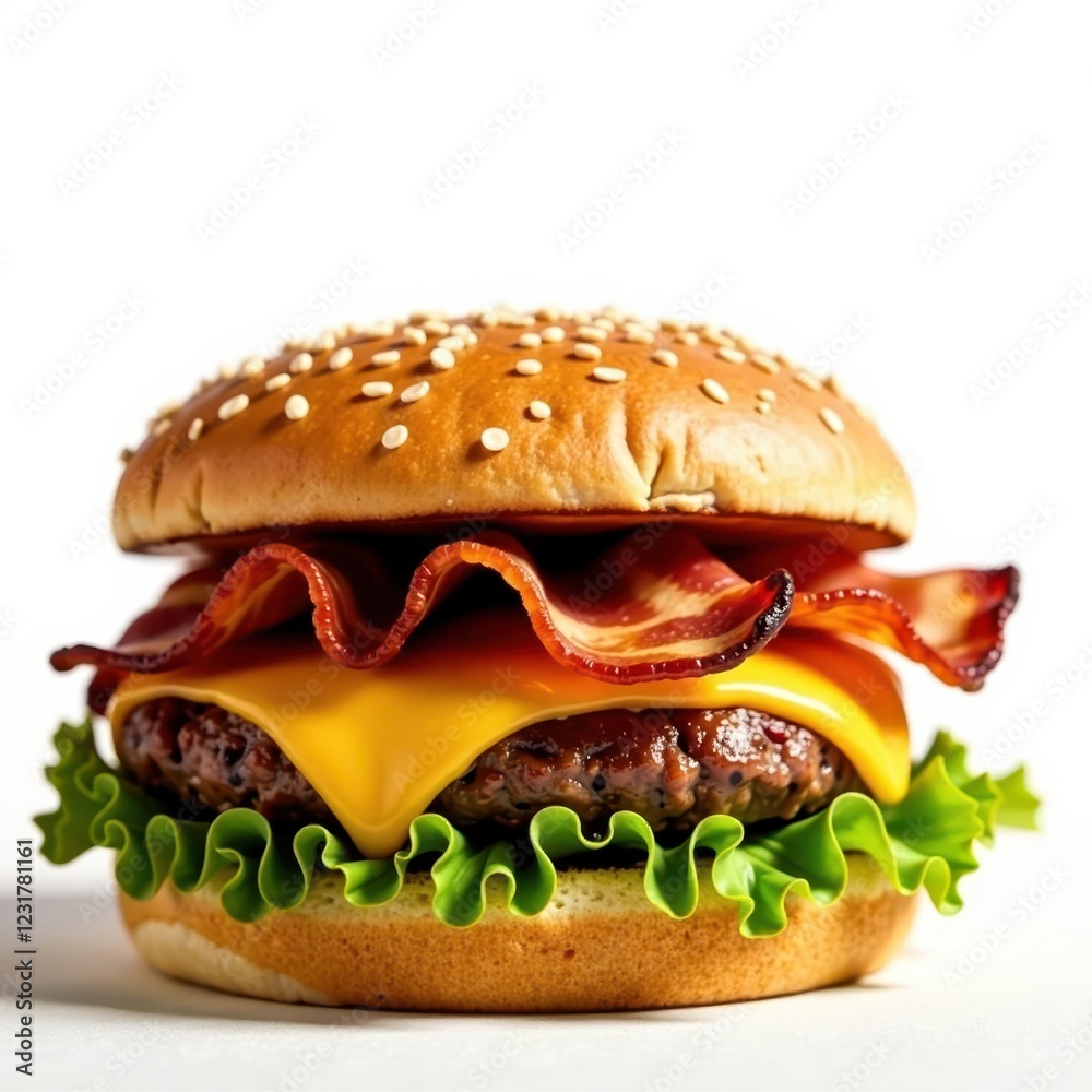 Large, thick burger, cheddar cheese, streaky bacon Pure white backdrop ...