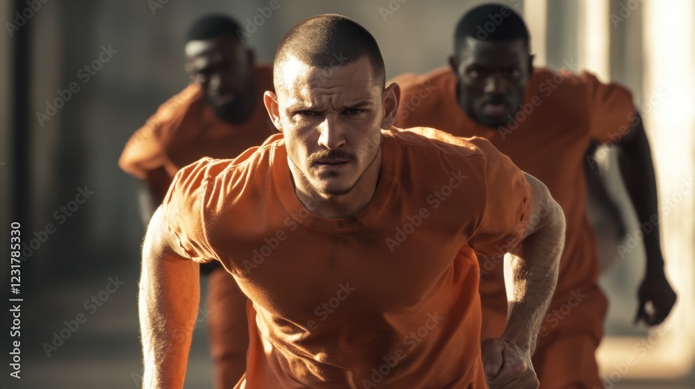 Criminals jailed in prison in orange uniform behind metal bars ...