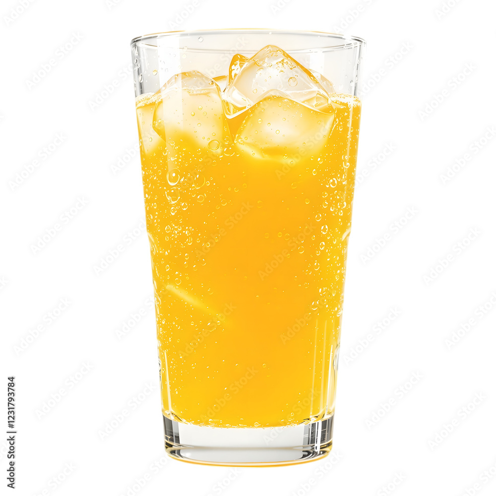 Refreshing glass of carbonated orange juice with bubbles and condensation on transparent ...