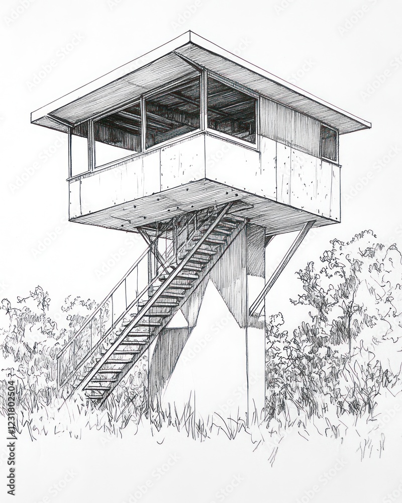 Elevated House Drawing With Exterior Staircase Stock Illustration ...