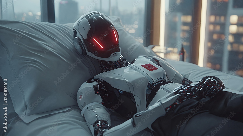 Futuristic humanoid robot lying on bed in a modern room with city ...