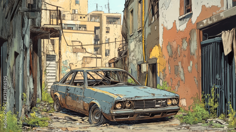Old abandoned broken car without wheels standing in alley of ghetto ...