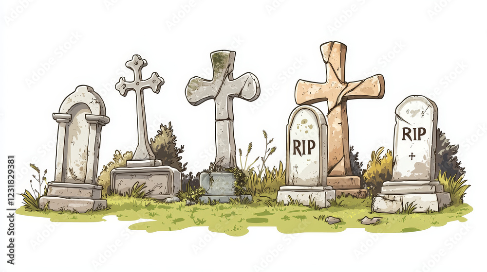 Cemetery tombstones, graveyard buildings, cracked stone cross, pillar ...