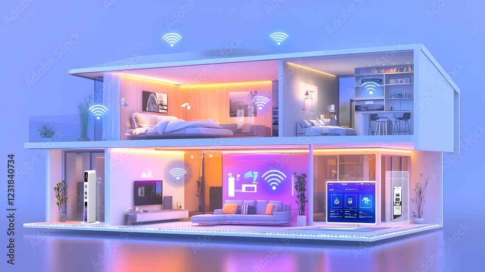 Futuristic smart home blueprint style cross section showcasing glowing ...