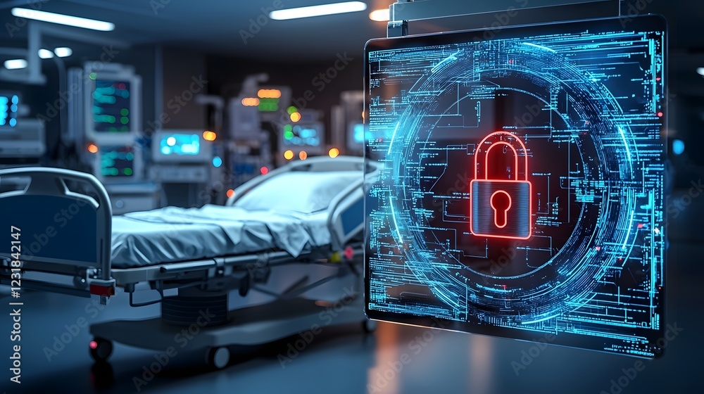 Neon lit futuristic hospital environment with a floating holographic ...