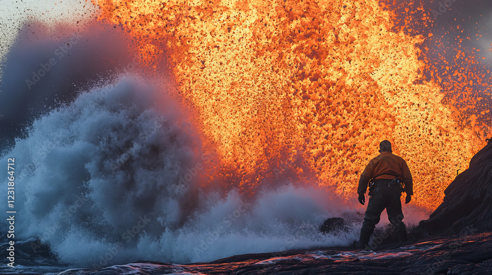 Liquid lava splashes with fire and drops. Molten magma waves and ...