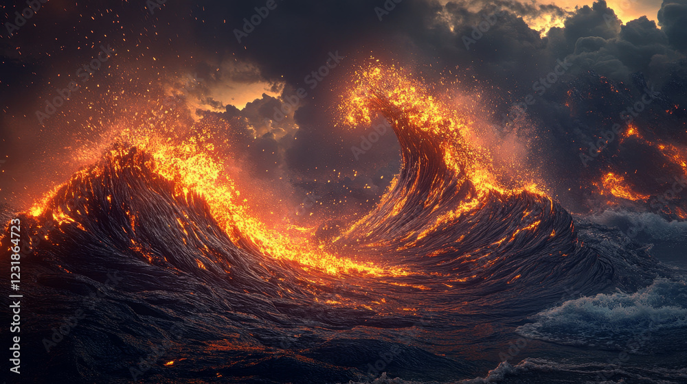 Liquid lava splashes with fire and drops. Molten magma waves and ...
