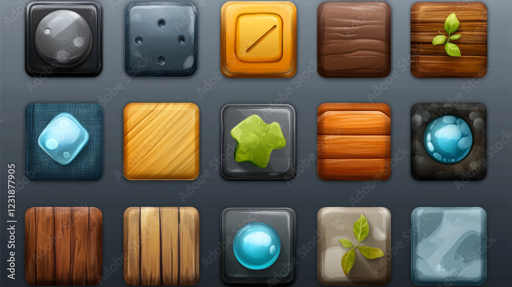 Square buttons with metal plate, bamboo, denim and glass textures for ...
