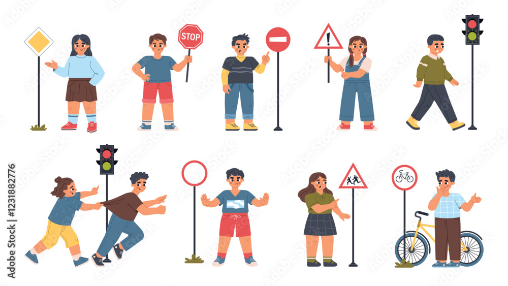 Road signs for children. Kids traffic education, little pedestrian road ...