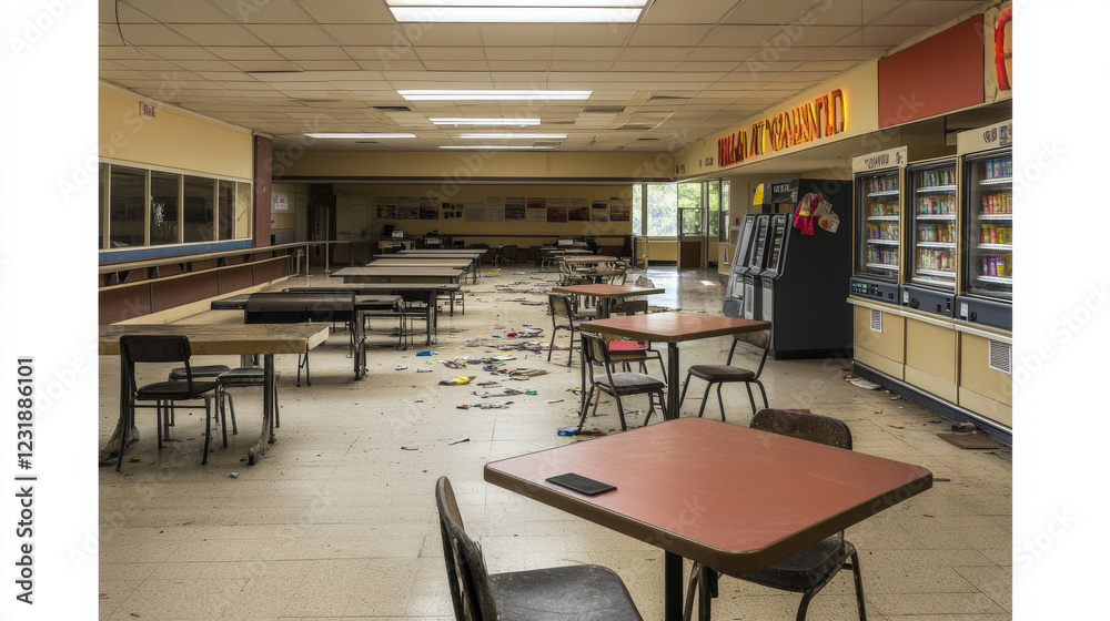 Dirty cafeteria, cafe with mess and broken furniture. School or office ...