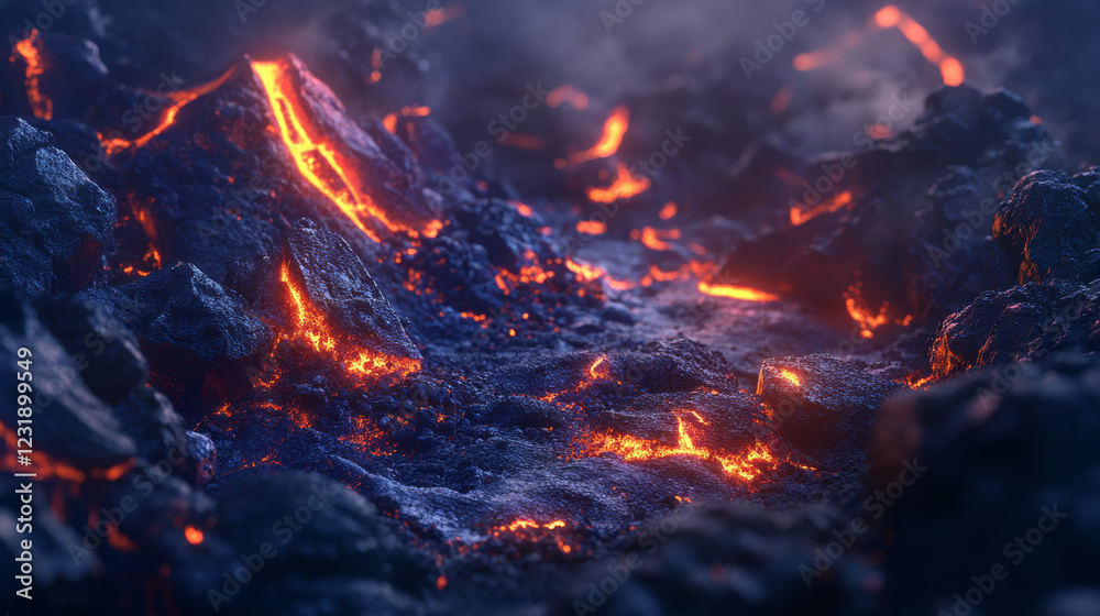 Volcano ground texture with lava in cracks and broken stones. Volcanic ...