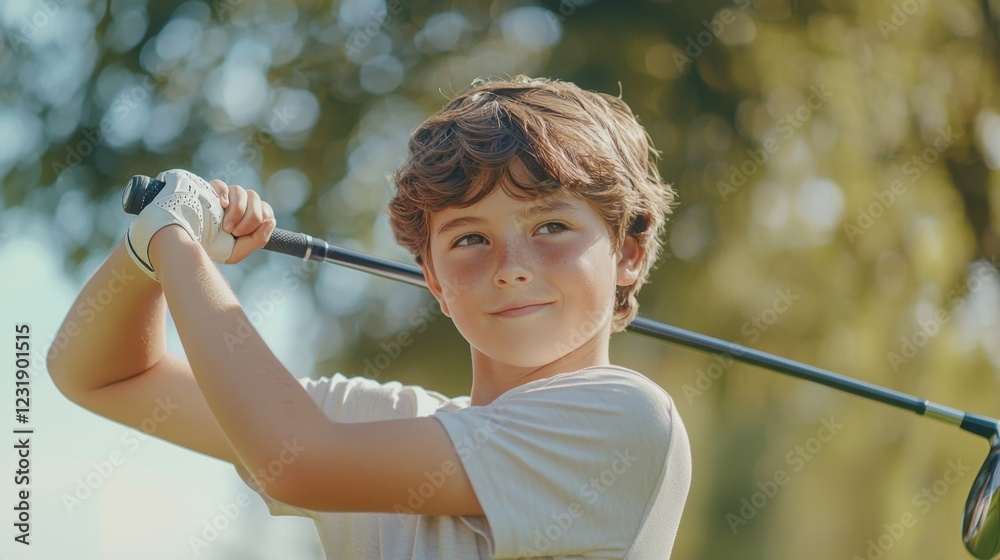Vertical photo of a caucasian young concentrated boy swinging golf ...
