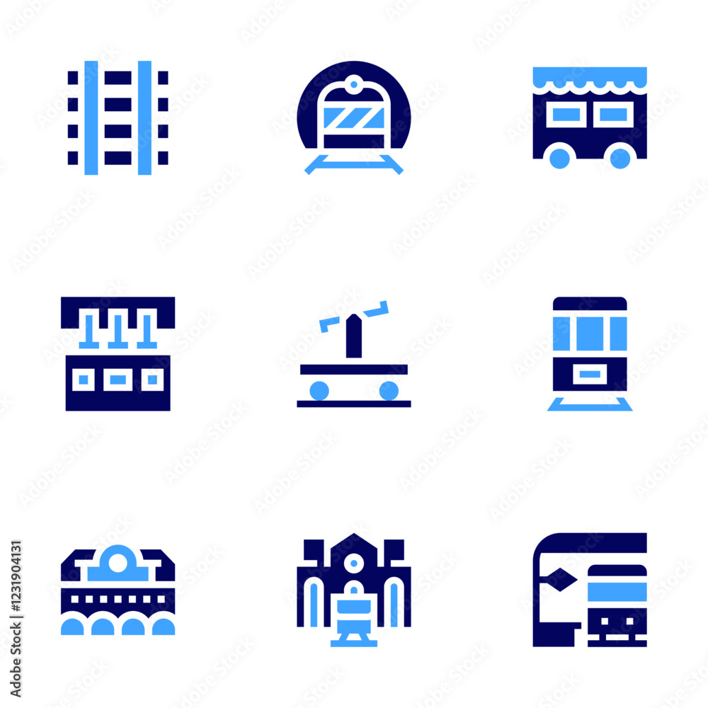 Railway icon set. Bold style. Duotone colors. train, wagon, subway ...