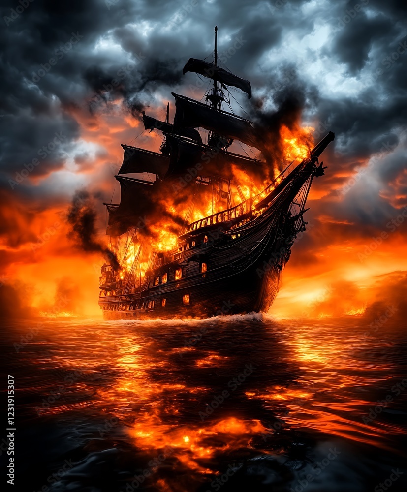 Burning Galleon at Sunset: A fiery pirate ship engulfed in flames on a ...