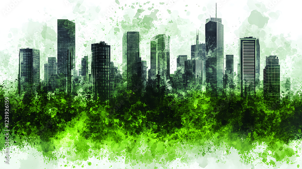 Watercolor green city skyline with white background, clip art style ...