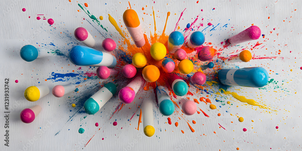 Vibrant Explosion of Colors with Crayons and Paint Splatters Stock ...