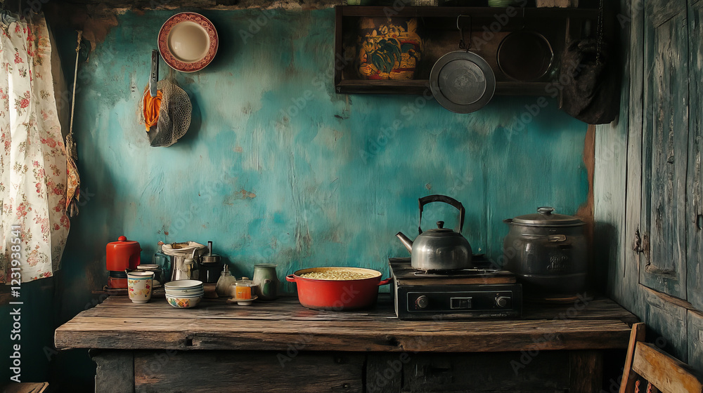 Old russian kitchen inside interior. Farm house for village. Wooden ...